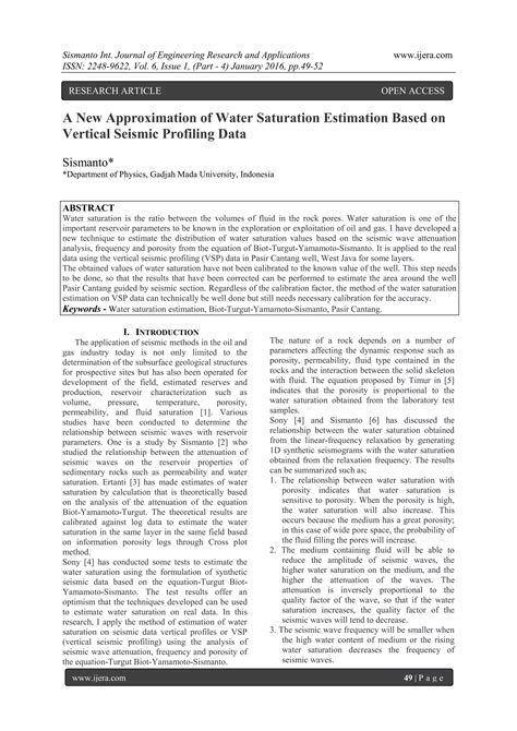 A New Approximation Of Water Saturation Estimation Based On Vertical Seismic Profiling Data Pdf