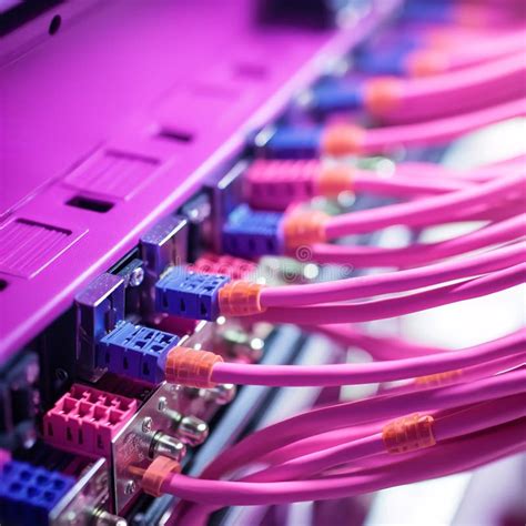 Pink Fiber Optic Cables Connected To A Purple Server Rack High Tech Data Network Infrastructure
