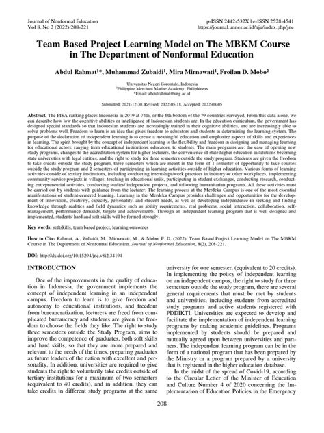 Sinta 2 Team Based Project Learning Model On The Mbkm Course In The Department Of Nonformal
