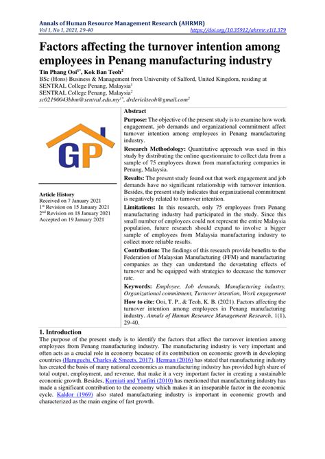 Pdf Factors Affecting The Turnover Intention Among Employees In Penang Manufacturing Industry