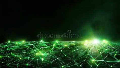 Digital Mesh Structure With Glowing Green Lines And Dots On Dark Background Creating Abstract