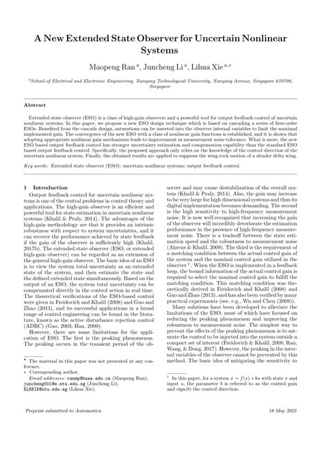 Pdf A New Extended State Observer For Uncertain Nonlinear Systems