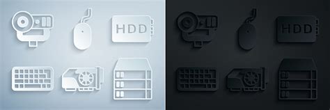비디오 그래픽 카드 하드 디스크 드라이브 Hdd 키보드 서버 데이터 웹 호스팅 컴퓨터 마우스 및 카메라 아이콘을 설정합니다 벡터 3차원 형태에 대한 스톡 벡터 아트 및 기타