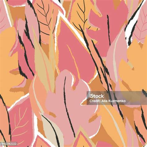 손으로 그린 색상으로 매끄럽게 꽃 이국적인 몬스터 잎 귀여운 여름 배경 열대 가지 현대 꽃 구성 벽지 직물 직물을위한 패션 벡터 일러스트 레이 션 가을 단풍에 대한 스톡