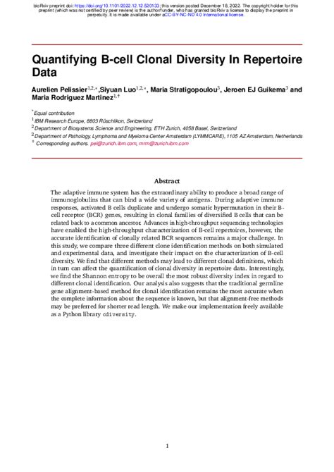 Pdf Quantifying B Cell Clonal Diversity In Repertoire Data