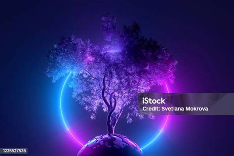 추상적 인 네온 배경 네온 빛나는 둥근 프레임 핑크 블루 빛나는 3d 그림의 빛에 둥근 행성을 통해 발아 신비한 우주 나무 나무에 대한 스톡 사진 및 기타 이미지 Istock