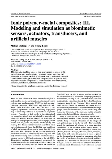 Pdf Ionic Polymermetal Composites Iii Modeling And Simulation As Biomimetic Sensors