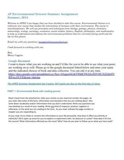 Ap Environmental Science Summer Assignment Cannon School