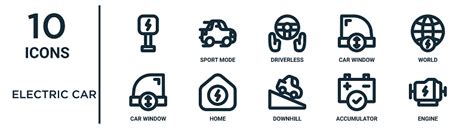 전기 자동차 개요 아이콘 세트는 얇은 선 운전자가없는 세계 집 축압기 엔진 보고서 프레 젠 테이션 다이어그램 웹 디자인을위한 자동차 창 아이콘을 포함합니다 0명에 대한 스톡