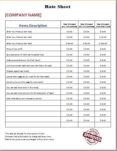 Rate Sheet Templates 16 Free Printable Word Excel And Pdf