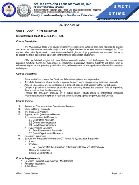 Course Outline For Gres 1 Quantitative Research Pdf Quantitative Research Methodology