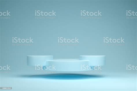 파란색 녹색 매끄러운 배경 앞에 세 개의 연결된 실린더 의 형태로 호버링 받침대 연단 제품 프리젠 테이션 모형 메달 수상대에 대한 스톡 사진 및 기타 이미지 Istock