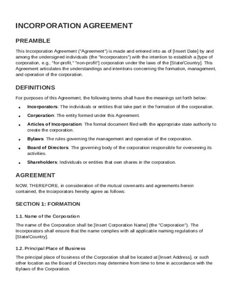 Incorporation Agreement Template Fill Out And Sign Online Dochub