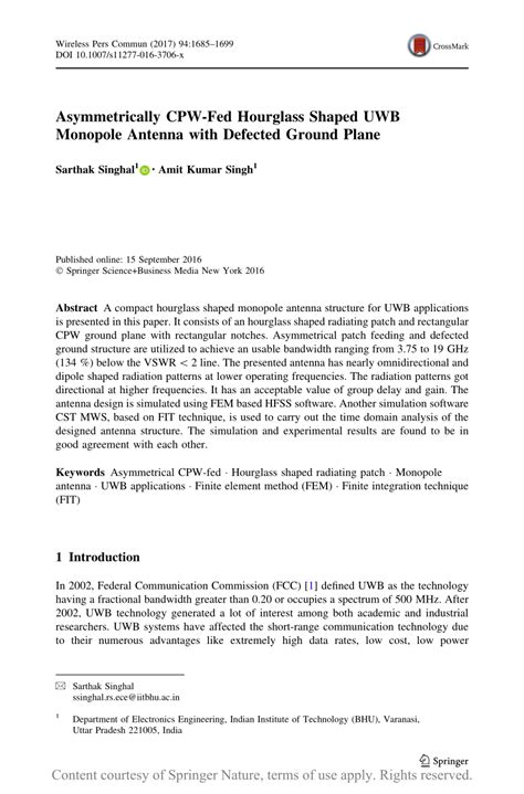 Asymmetrically Cpw Fed Hourglass Shaped Uwb Monopole Antenna With Defected Ground Plane