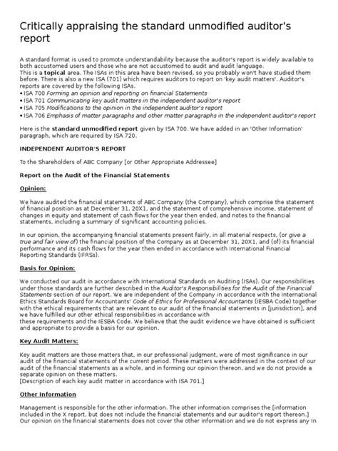 Standard Unmodified Auditor Report Going Concern Financial Audit