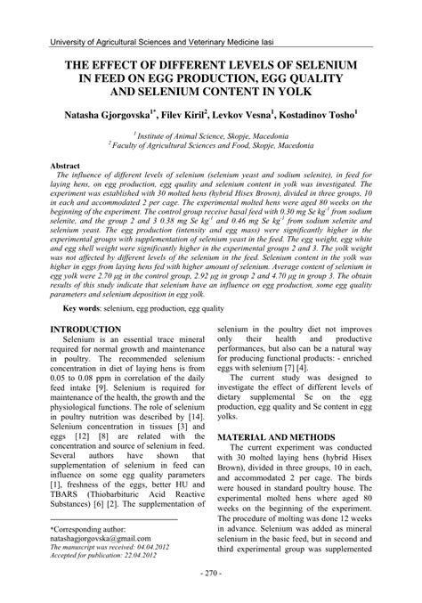 Pdf The Effect Of Different Levels Of Selenium In Feed On Egg Production Egg Quality And