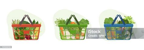 신선한 녹색 채소와 현지 농장 시장의 뿌리 작물을 곁들인 식료품 쇼핑 바구니 건강한 비건 식품 세트 흰색 배경에 고립된 벡터 일러스트 레이 션 가득 찬에 대한 스톡 벡터