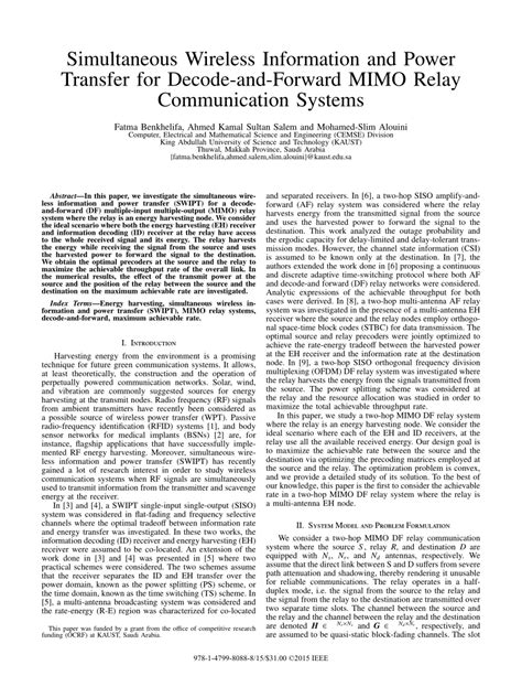 Pdf Simultaneous Wireless Information And Power Transfer For Decode And Forward Mimo Relay