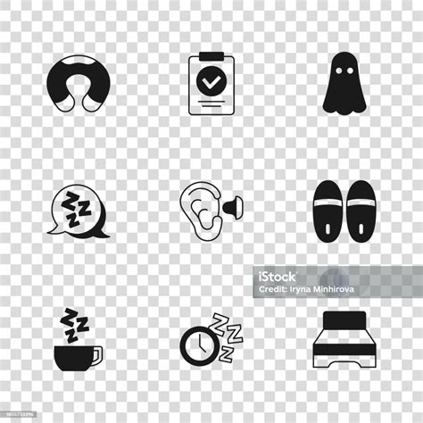 알람 시계 슬리퍼 큰 침대 귀마개 및 귀 유령 여행용 목 베개 의료 처방전 및 졸린 아이콘을 설정합니다 벡터 가구에 대한 스톡