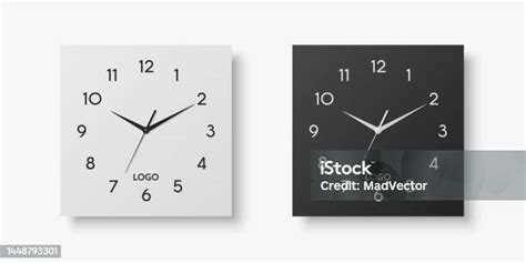벡터 3d 현실적인 흰색 검은색 사각형 벽 사무실 시계 세트 흰색에 격리된 디자인 템플릿 로마 숫자로 다이얼합니다 브랜딩을 위한 벽시계의 모형과 격리된 광고 시계 문자판