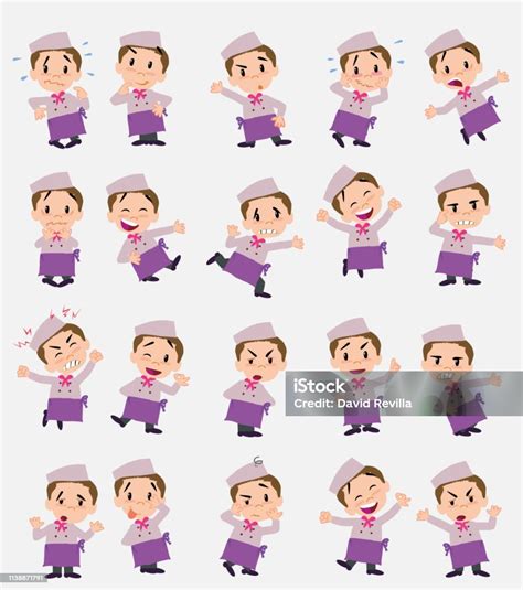 만화 캐릭터 요리사입니다 고립 된 벡터 일러스트에서 다른 활동을 하 고 다른 자세 태도 및 포즈로 설정 합니다 그래프에 대한 스톡 벡터 아트 및 기타 이미지 Istock