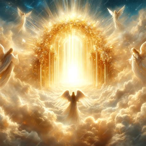 Premium Photo Angels On Clouds Near Shimmering Gates At The Entrance