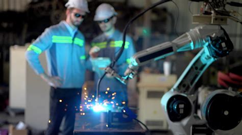Factory Engineers Using Smart Control To Control The Arm Robot Machine For Cutting The Metal