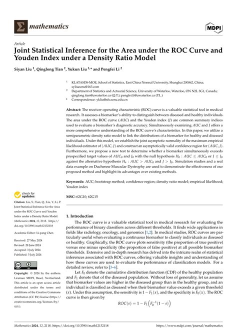 Pdf Joint Statistical Inference For The Area Under The Roc Curve And Youden Index Under A