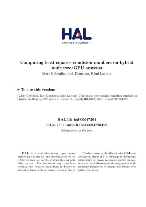 Pdf Computing Least Squares Condition Numbers On Hybrid Multicoregpu Systems