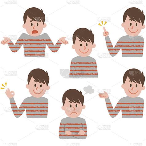 一个男孩各种面部表情的插图
