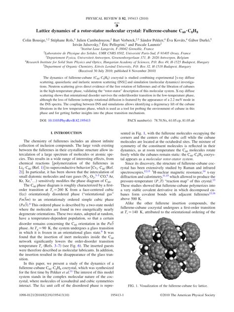 Pdf Lattice Dynamics Of A Rotor Stator Molecular Crystal Fullerene Cubane C60⋅c8h8