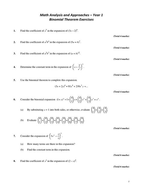 Ib Math Aa Sl Binomial Theorem Pdf Mathematical Analysis