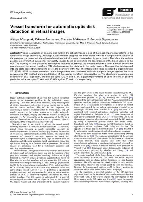 Pdf Vessel Transform For Automatic Optic Disk Detection In Retinal Images