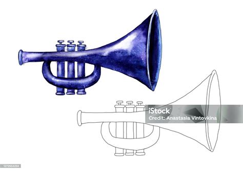 보라색 트럼펫 악기의 수채화 그림 템플릿 디자인의 간단한 그림과 낙서 의 음악 파이프 수채화 세트 0명에 대한 스톡 벡터 아트 및 기타 이미지 Istock