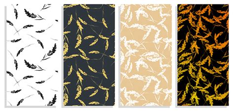 수직 시리얼 잔디 실루엣 시리얼 잔디 원활한 패턴의 원추형 솜털 왕관과 전단지의 세트 초대장 배너 브로셔 인쇄용 템플릿 흑백의 벡터 가지 식물 부위에 대한 스톡 벡터 아트