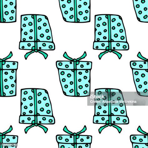 흰색 배경에 녹색 리본과 물방울 무늬가있는 매끄러운 청록색 선물 상자 패턴 디자인 템플릿을 위한 점 텍스처 사이드 뷰가 있는 손으로 그린 직사각형 기프트 박스 패턴 블랙