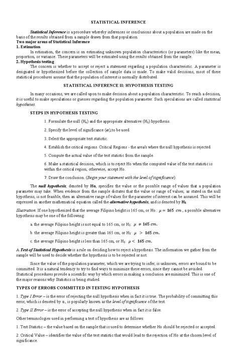 Hypothesis Testing Statistics Statistical Inference Statistical