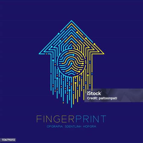 위쪽 화살표 기호 지문 스캔 패턴 로고 대시 라인 디지털 업로드 개념 편집 가능한 스트로크 그림 노란색과 파란색 지문 텍스트와 공간을 가진 어두운 파란색 배경에 고립 벡터