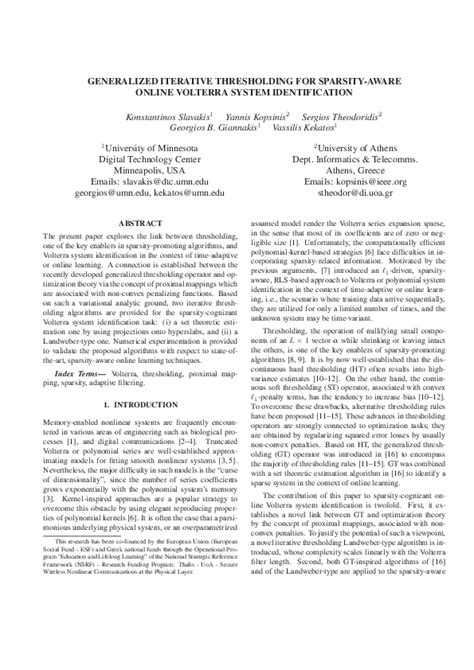 Pdf Generalized Iterative Thresholding For Sparsity Aware Online Volterra System Identification