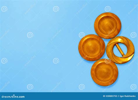 Orange Copper Ginger Wooden Circles Buttons On Blue Elements Art Decoration Stock Image