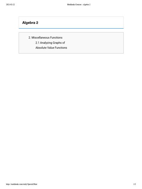 Algebra 2 Analyzing Graphs Of Absolute Value Functions Min Pdf