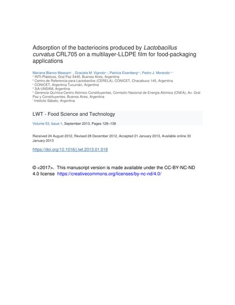 Pdf Adsorption Of The Bacteriocins Produced By Lactobacillus Curvatus Crl705 On A Multilayer