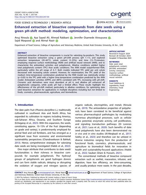 Pdf Enhanced Extraction Of Bioactive Compounds From Date Seeds Using A Green Ph Shift Method