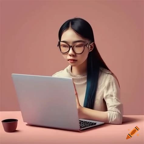 Asian Woman Working On Computer On Craiyon