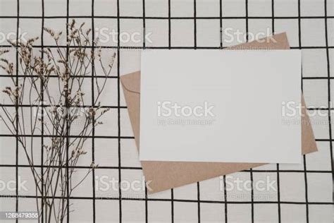 리모늄 건조 꽃과 검은 격자 패턴흰색 천에 판지 상자갈색 종이 봉투에 빈 백서 수평 빈 인사말 카드의 모형 크래프트 봉투의 상단 보기 0명에 대한 스톡 사진 및 기타 이미지