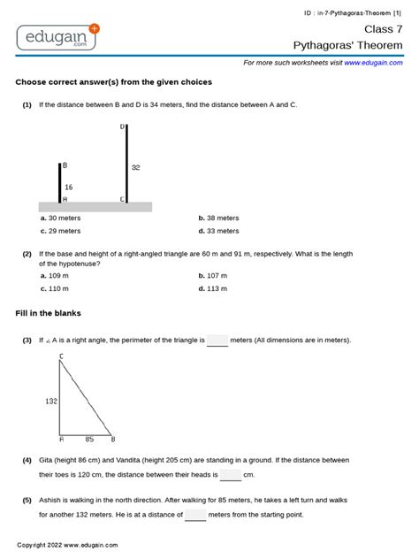 Grade 7 Pythagoras Theorem Pdf Length Triangle