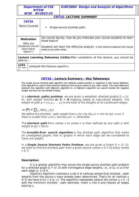 Daa Cdt 16 Important Notes Department Of Cse Kitsw 6cse Ay2022 U18cs604 Design And