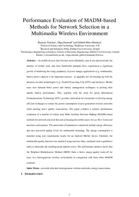 Pdf Performance Evaluation Of Madm Based Methods For Network Selection In A Multimedia