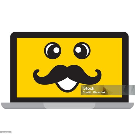 하얀 배경에 콧수염 얼굴로 웃고있는 컴퓨터 노트북 화면에 귀여운 소셜 미디어 이모티콘 고객 참여에 대한 스톡 벡터 아트 및 기타 이미지 고객 참여 귀여운 기하 도형