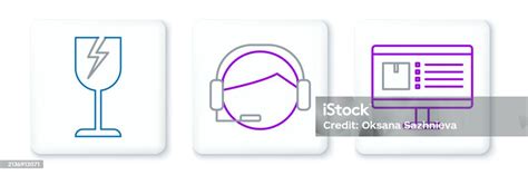 앱 배달 추적 깨지기 쉬운 깨진 유리 기호 및 지원 운영자 터치 아이콘이 있는 컴퓨터 모니터를 설정합니다 벡터 0명에 대한 스톡